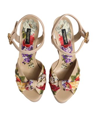 Dolce & Gabbana Womens Beige Floral Ankle Strap Wedge Sandals Shoes 100lf