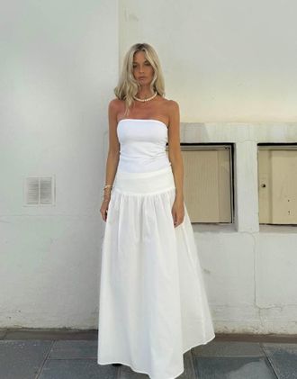 NA-KD Jupe longue en coton fronc&eacute; - Blanc