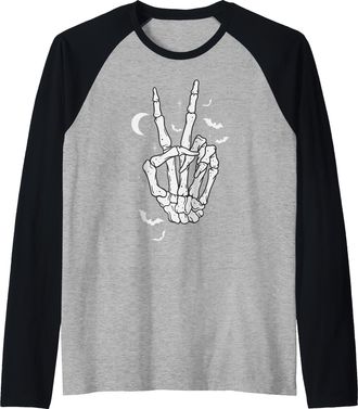Trendy Apparel Skeleton Hand Peace Sign Crescent Moon Bats Raglan