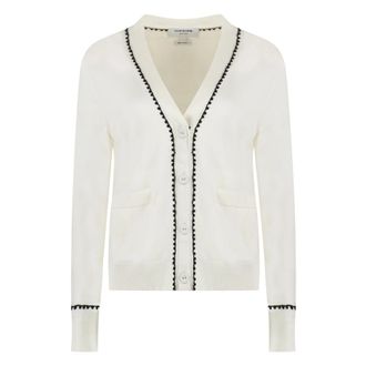 Thom Browne Femme, Pulls, Blanc, Taille: 36 FR Cardigan en Soie et Coton