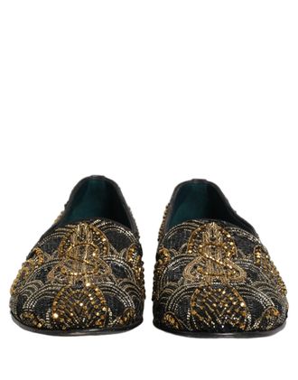 Dolce & Gabbana Mens Black Gold Embellished Dress Loafers Shoes Leather