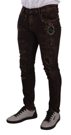 Dolce & Gabbana Mens Brown Distressed Slim Fit Skinny Denim Jeans Cotton Clothing