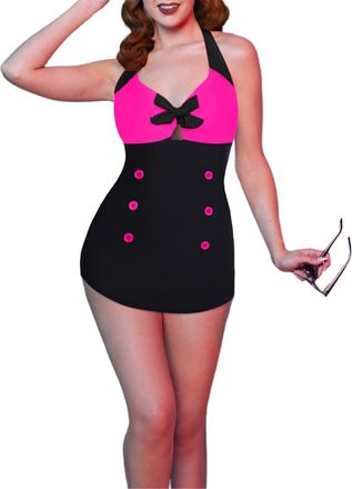 Ekouaer Einteiliger Damen-Badeanzug, Vintage-Stil, gestreifter Rock, Vintage-Stil, Retro, Push-Up-Bademode, schwarz/pink, Large