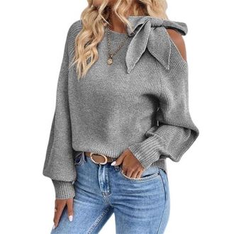 Generic Pull &agrave; &eacute;paules d&eacute;nud&eacute;es avec noeud papillon et manches lanternes, pull vintage en tricot &eacute;pais confortable pour femme, gris, 10XL