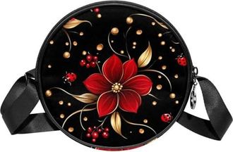 Generic Sac &agrave; bandouli&egrave;re circulaire pour femme, motif coccinelle, fleurs rouges, petit sac &agrave; dos &agrave; bandouli&egrave;re avec fermeture &eacute;clair, bretelles r&eacute;glables, sa
