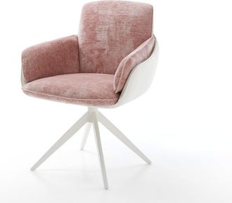 DELIFE Drehstuhl Luan-Flex mit Armlehnen Materialmix Echtleder Weiß-Rosé Kreuzgestell breit Weiß 360° drehbar Wippfunktion, Esszimmerstühle