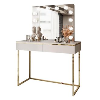 Lukmebel Schminktisch mit Spiegel - Schminkspiegel mit Beleuchtung und Schubladen - Konsolentisch Schmal mit Beinen in Gold - Make Up Tisch Frisiertisch Kosmet