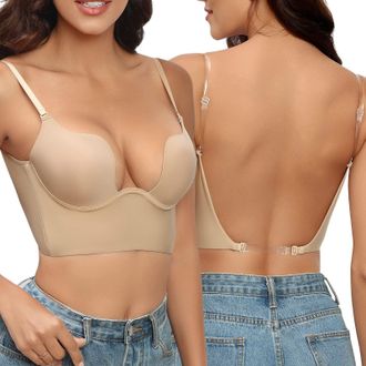 Generic Damen R&uuml;ckenfreie BHS Push Up Bra Multiway Plunge BH Mit Tiefem U-Ausschnitt und Abnehmbar Tr&auml;ger(Verschenken 3 St&uuml;ck Durchsichtigem Wandelbarer Schul