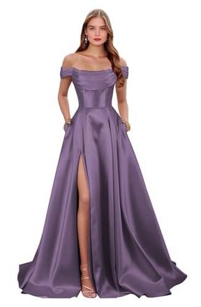 Generic Robes de bal en satin avec fente sans bretelles, corset trapèze, robes de bal à épaules dénudées, longues robes de soirée formelles avec poches, Glyci