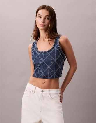 Calvin Klein Jeans Top style brassi&egrave;re en jean &agrave; logo r&eacute;p&eacute;t&eacute; avec d&eacute;coupes laser - Bleu moyen