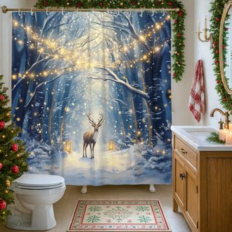 Generic Duschvorhang mit Hirschmotiv, Winter, Naturlaterne, Schnee, Winter, Blau, Polyester, wasserdicht, Toilettenstoff, Duschvorhänge für Badezimmer, Badewa