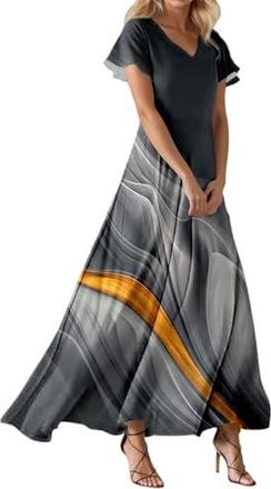 Generic Robes boh&egrave;me 2026 pour femmes, robe d&eacute;t&eacute; boh&egrave;me &agrave; imprim&eacute; floral avec poches, manches courtes, col en V, coupe ample d&eacute;contract&eacute;e, gris fonc&eacute;, 3XL