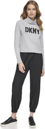DKNY Womens Long Sleeve Turtle Neck Logo Sweatshirt, Steel Gray Heather/Black, X-Small