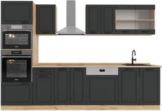 Vicco Cuisine R-Line, Anthracite Campagne/Chêne doré, 300cm avec Armoire Haute, PT Chêne