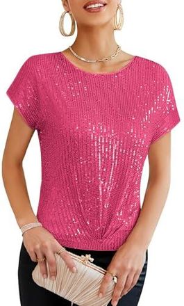 Grace Karin Femmes Haut à Paillettes Manches Courtes Col Rond Dos Ajouré pour Soirée