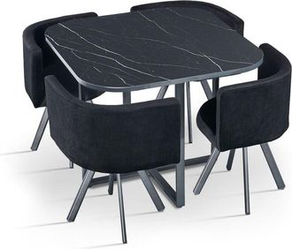 Menzzo Table carr&eacute;e 90cm avec 4 chaises gain de place Oslo Effet marbre noir et Velours Noir