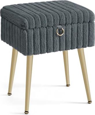 Songmics Tabouret de Coiffeuse, Tabouret avec Rangement, Repose-Pieds, Pieds en Métal, Rembourré, Pieds Réglables, pour Salon, Chambre, Dressing, Gris Ardoise 