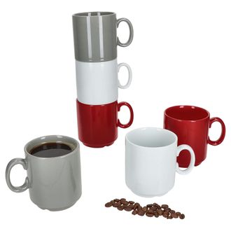MamboCat Event Trio 6er Set Kaffeebecher I 250 ml I graue, rote & wei&szlig;e Porzellan-Becher mit Henkel I 6 Personen I stapelbare Tassen f&uuml;r Tee, Kakao, Latte Macc
