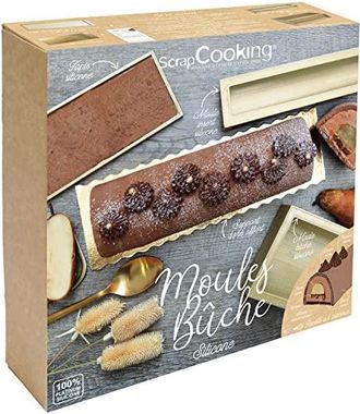 ScrapCooking 1939 Silikonform für Weihnachtskuchen - mit Einsatz, Biskuitmatte, goldfarbener Halterung und Rezept für Holzscheite, Birne, Schokolade - weiche Regen