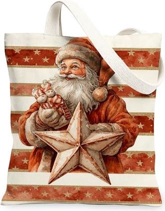 Generic Sacs fourre-tout vintage en toile avec imprim&eacute; de No&euml;l classique, sacs d&eacute;picerie r&eacute;utilisables, l&eacute;gers et lavables avec bandouli&egrave;re pour les vacances,