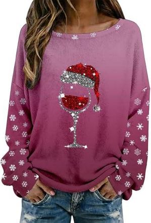 Generic Pull de Noël pour femme - Imprimé verre à vin - Sweat-shirt de Noël décontracté à col rond et manches longues - Coupe ample - Pull de Noël amusant, Ro