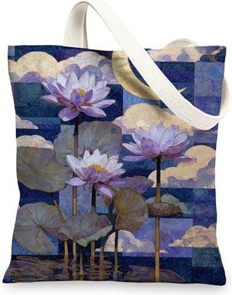 Generic Sac fourre-tout en toile motif nénuphar élégant, sac à provisions réutilisable, vintage, artistique, léger, lavable, violet, 13x15 Inch