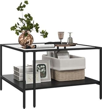 HOMCOM Table Basse Table de Salon carr&eacute;e 2 Niveaux avec Plateau en Verre tremp&eacute;, 1 &eacute;tag&egrave;re inf&eacute;rieure, Design Minimaliste, dim. 73l x 73P x 46,5H cm, Noir