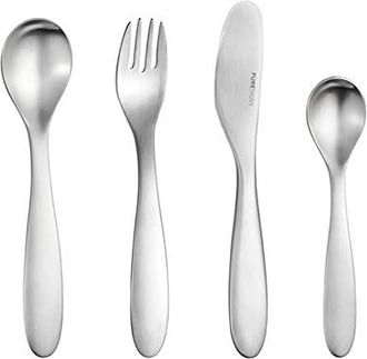 Puresigns Kinderbesteck SEVEN - 4-teiliges Set aus Edelstahl 18/10, ergonomisch f&uuml;r kleine H&auml;nde, zeitlos im Design, ideales Geschenk zur Geburt oder Taufe, sp&uuml;