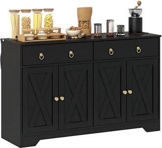 HOMCOM Buffet Meuble de Rangement Armoire de Cuisine Style Rural 2 tiroirs et 2 placards avec étagères à hauteurs réglables - dim. 121L x 37l x 75H cm Noir