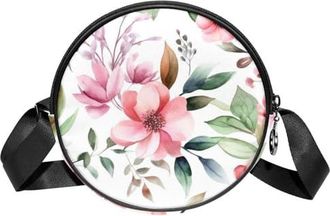 Generic Petit sac &agrave; bandouli&egrave;re circulaire pour femme, motif feuilles florales, sac &agrave; dos avec fermeture &eacute;clair, bretelles r&eacute;glables, sac &agrave; main rond d&eacute;contra
