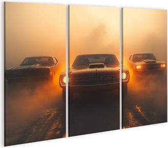 Islandburner Prime Bild auf Leinwand für Teenager in Schlafzimmern: Muscle Cars durch Nebel im Sonnenuntergang Bilder Wandbilder Poster