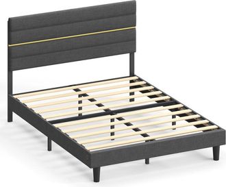 Vasagle Vasagle - Lit Double, Cadre de Lit, Convient pour un Matelas de 140 x 190 cm, Tête de Lit Rembourrée Ajustable, en Métal, Bois Massif, Moderne, Gris