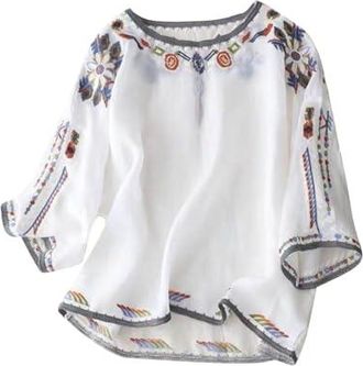 Generic Haut d&eacute;t&eacute; &agrave; manches 3/4 en lin pour femme - Col rond - Broderie florale - Style boh&egrave;me ethnique paysan - Chemisier tendance, blanc, XXL