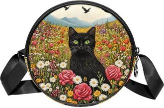 Generic Sac &agrave; bandouli&egrave;re Circle pour femme, motif chats et fleurs, sac &agrave; dos &agrave; bandouli&egrave;re avec fermeture &eacute;clair, bretelles r&eacute;glables, sac &agrave; main rond d&eacute;cont