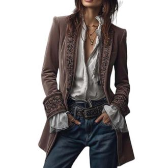 Generic Veste vintage en velours brod&eacute; pour femme, coupe ajust&eacute;e, tendance, l&eacute;g&egrave;re, gothique, dentelle, pirate, rose, 3XL
