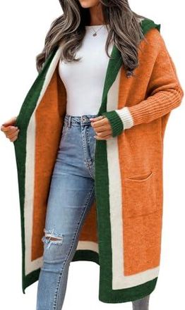 Generic Pull Long &agrave; Capuche pour Femme, Cardigan en Maille Ouvert sur Le Devant, Coupe Oversize, Color Block, Chaud, Orange, Taille M