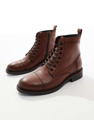 Jack & Jones Bottes en cuir &agrave; lacets - Marron-Brown