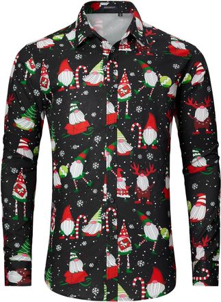 Hisdern Weihnachtshemd Herren Lustige Weihnachts Muster Hemd Langarm Lustige Christmas Freizeithemden Schwarz L