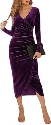 Generic Robes Moulantes en Velours pour Femmes, col en V, Robe Longue froncée en Velours, Manches Longues, Robe Fendue en Velours