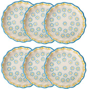 Tranquillo 6er Set Tarteletteform aus Steinzeug mit handgestempeltem Print blau/gelb Floral, Ø11 x 3 cm