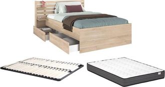 Vente-Unique Lit 120 x 190 cm avec rangements - Coloris : Naturel + Sommier + Matelas - TENALIA
