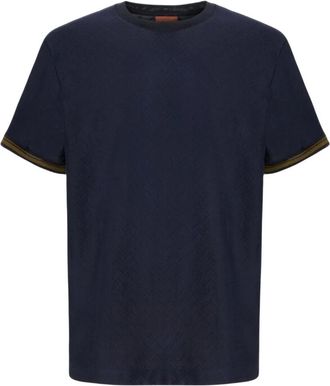 Missoni Homme, Tops, Bleu, Taille: XL T-shirt en coton jacquard &agrave; col rond