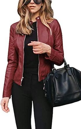 Onsoyours Femme Veste en Cuir PU Vintage Bombers Moto Blouson Manteau Simili Cuir Biker Jacket Zipp&eacute; Chaud Casual A Rouge XS