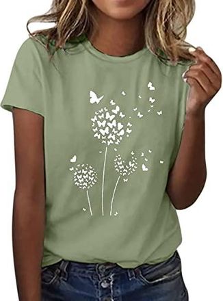 Generic T-shirt &agrave; manches courtes pour femme avec col rond Motif pissenlit pour femme, vert, XXL