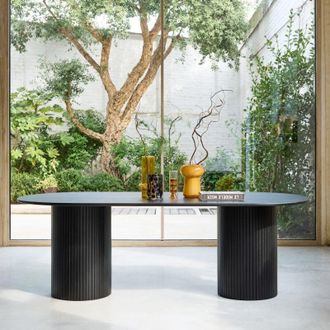 Sweeek Sweeek - Table &agrave; manger oblongue bois dh&eacute;v&eacute;a et placage ch&ecirc;ne 8 places noir - l 220 x p 100 x h 73 cm - Estelle
