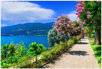 Wallario K&uuml;chenr&uuml;ckwand aus Glas 90 x 60 cm, Motiv: Bl&uuml;tenpromenade am Seeufer | Spritzschutz abwischbar & pflegeleicht