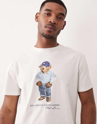 Polo Ralph Lauren T-Shirt in Wei&szlig; mit Polo-Bear-Print aus Denim auf der Brust