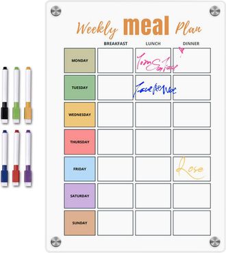 Generic Essensplaner für Kühlschrank - Essensplaner weiß aus Acryl mit 6 Stiften - Blockierblock für Kühlschrank mit Magnet, Einlagen für Einkaufslisten