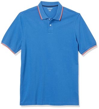 Amazon Essentials Herren-Poloshirt aus Baumwollpiqu&eacute;, normale Passform (erh&auml;ltlich in Big & Tall), Blau Rot Wei&szlig; gestreift, Gr&ouml;&szlig;e S