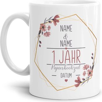 Tassendruck Tasse zum Hochzeitstag Papier Hochzeit - mit Name & Datum selbst gestalten - 1 Jahr Ehe, Paar, Geschenk Hochzeit, Jubiläum, Jahrestag I Personalisiert